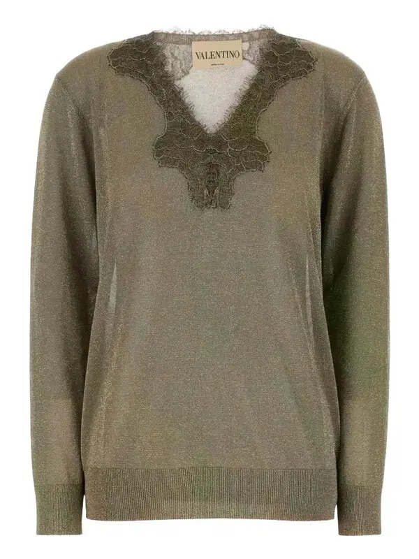 Valentino Garavani Metallic Lace Trim V-neck Sweater - Gold