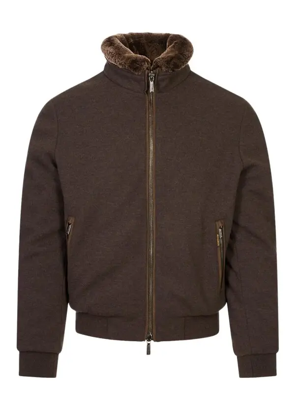 MOORER High Collar Zip-up Jacket With Fur Trim - Brown