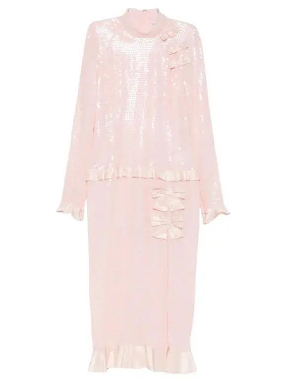 Alessandra Rich Sequin-embellished Midi Dress With Bow Detail And Ruffles - Pink