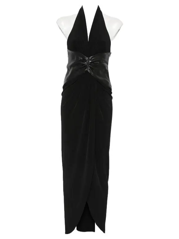 Andamane Halterneck Gown With Leather Paneling And Front Slit - Black
