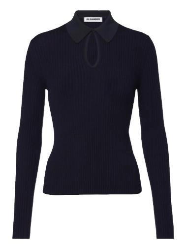 JIL SANDER Ribbed-knit Wool Polo Sweater With Keyhole Cutout - Blue