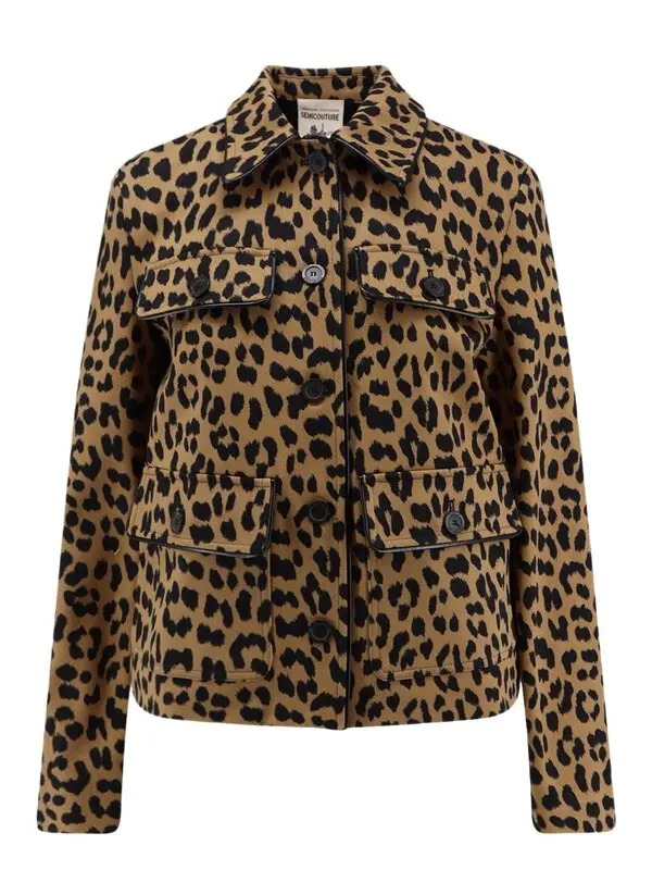 SEMICOUTURE Cotton Jacket With Animal Print And Leather Trim - Black