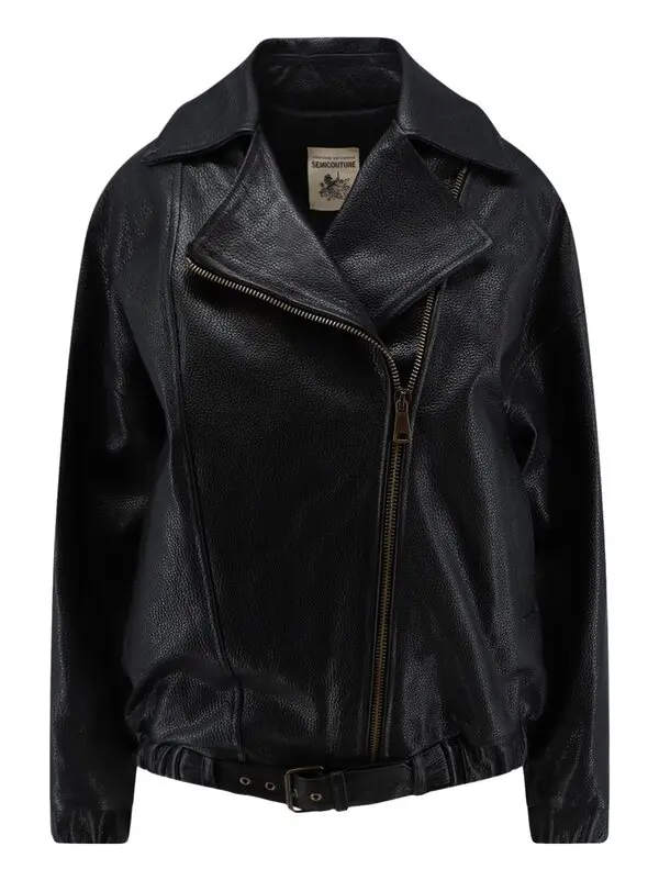 SEMICOUTURE Leather Jacket With Zipper And Belted Hem - Black