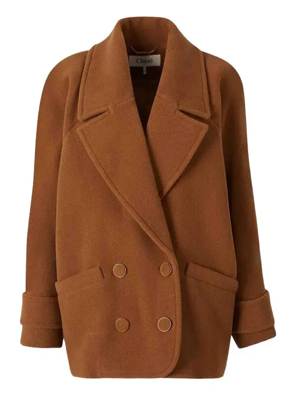 Chloé Double-breasted Wool Herringbone Short Coat - Brown