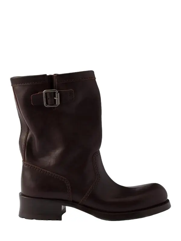 Prada Leather Buckled Boots - Brown