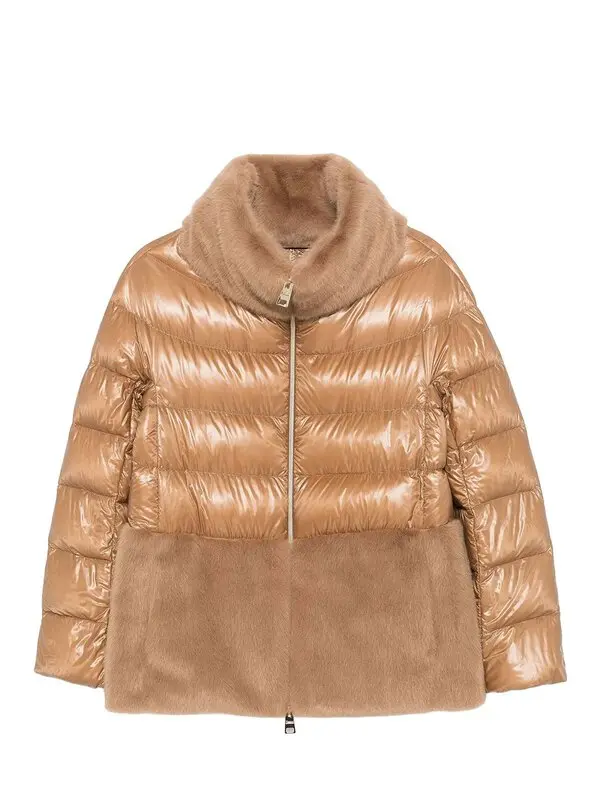 Herno Ultralight Nylon And Lady Alternative Fur Cape - Brown