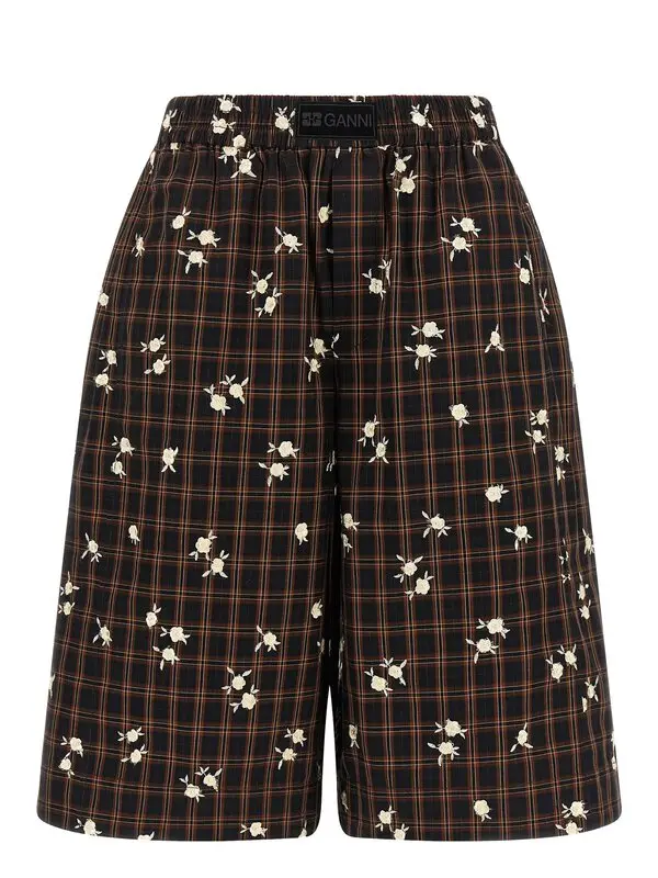 GANNI Check Flower Wide Leg Bermuda Shorts - Brown