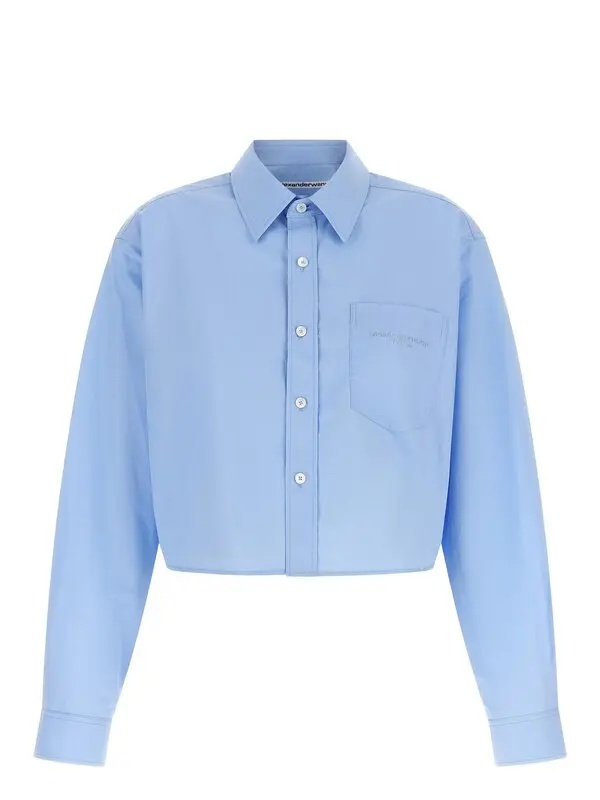 Alexander Wang Cropped Cotton Shirt With Pointed Collar And Embroidered Logo - Blue