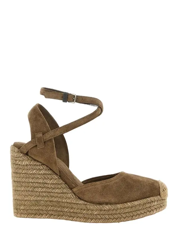 Brunello Cucinelli Suede Wedge Espadrilles With Monile Detail - Brown