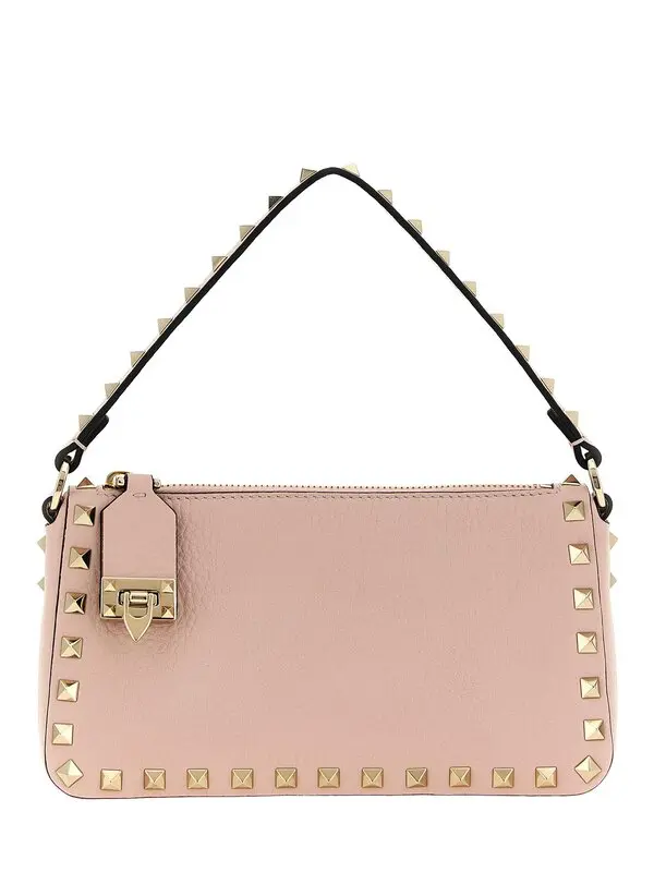 Valentino Garavani Rockstud' Small Shoulder Bag In Grained Calfskin Leather With Platinum Finish Studs - Pink
