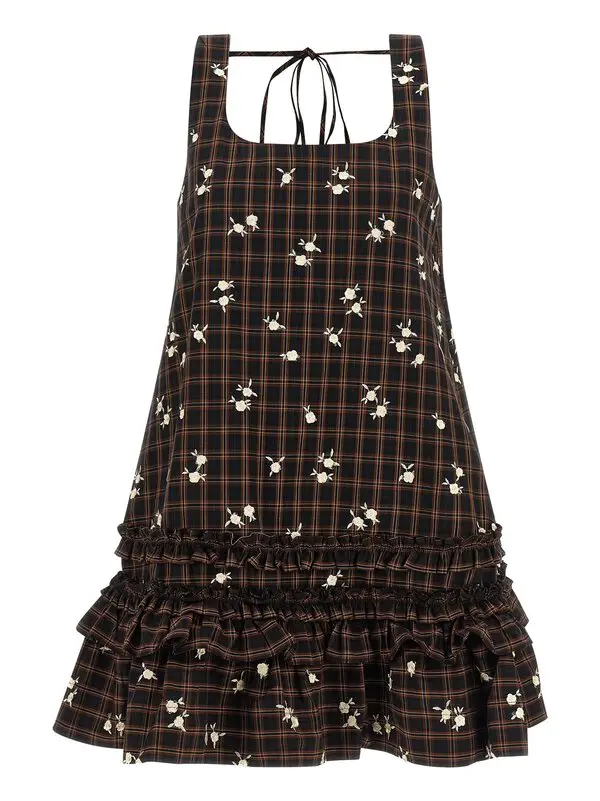 GANNI Check Flower Embroidered Cotton Mini Dress - Brown