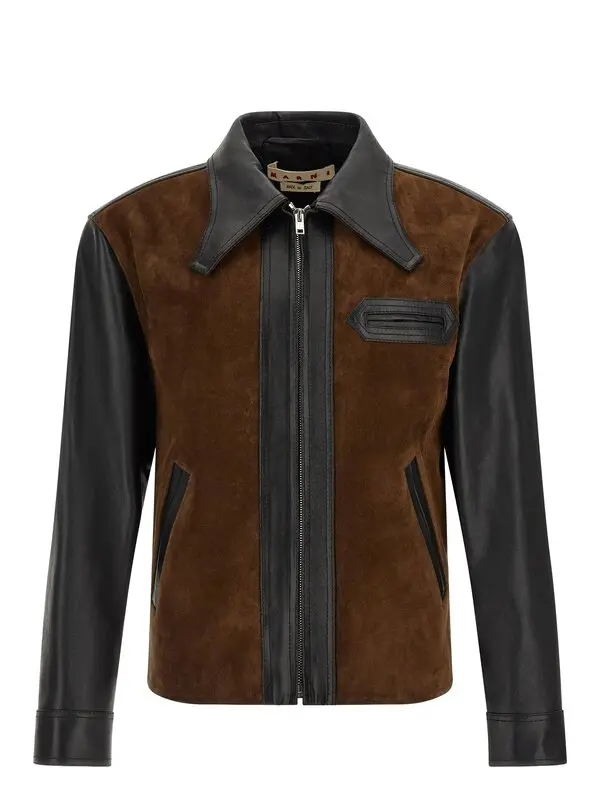 Marni Paneled Suede And Calfskin Leather Jacket With Sculptural Collar - Multicolor