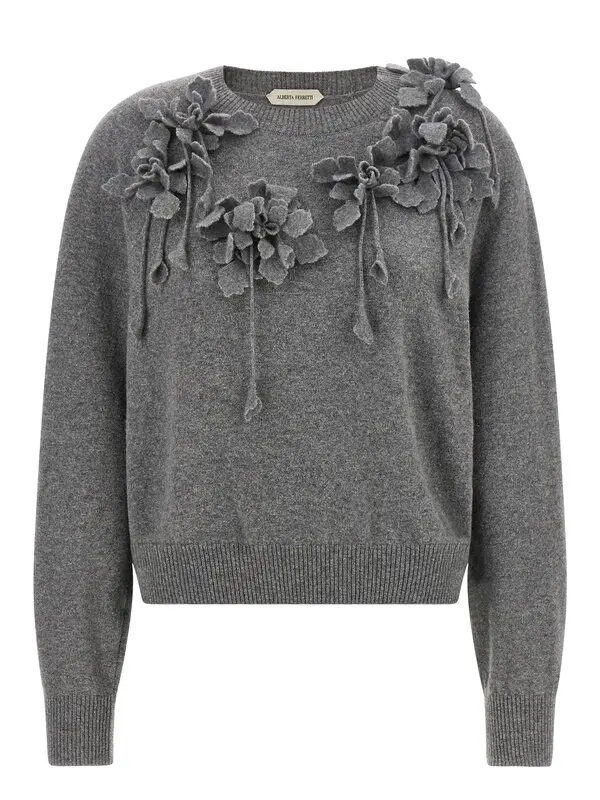 Alberta Ferretti Embroidered Flower Crew Neck Sweater - Gray