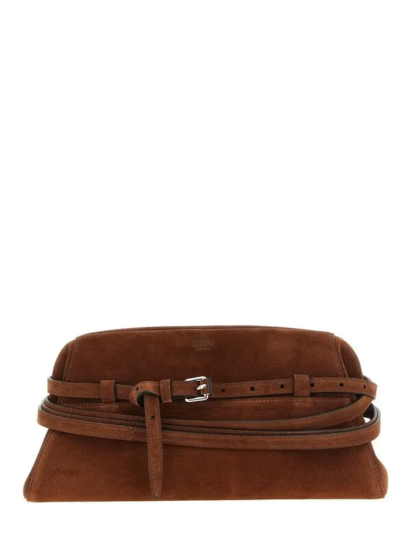 Moschino Large Suede Clutch With Buckled Strap Detail - Brown