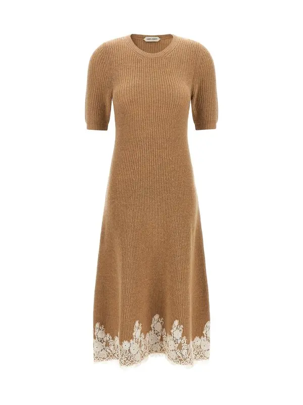 Alberta Ferretti Ribbed Knit Midi Dress With Lace Hem - Brown