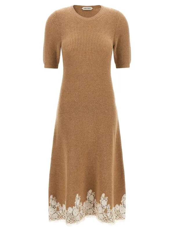 Alberta Ferretti Ribbed Knit Midi Dress With Lace Hem - Brown