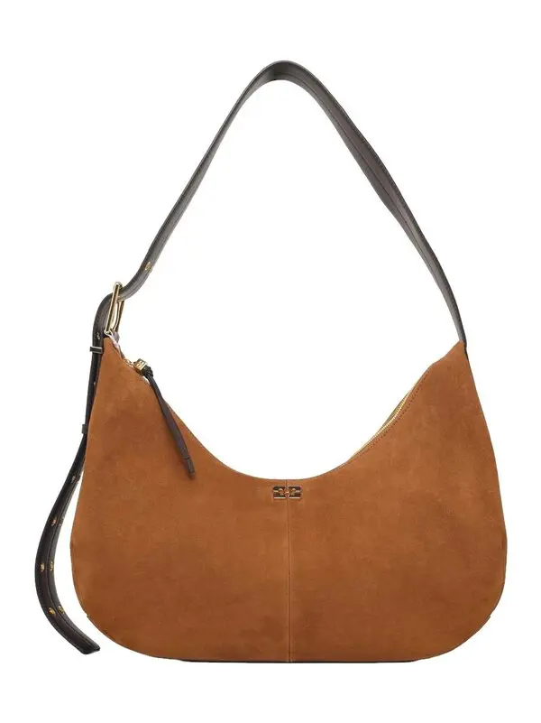 GANNI Suede Hobo Shoulder Bag With Buckle Detail - Brown