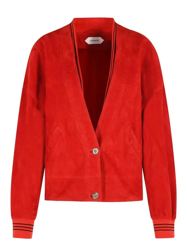 Versace Suede Jacket With Deep V Neckline - Red