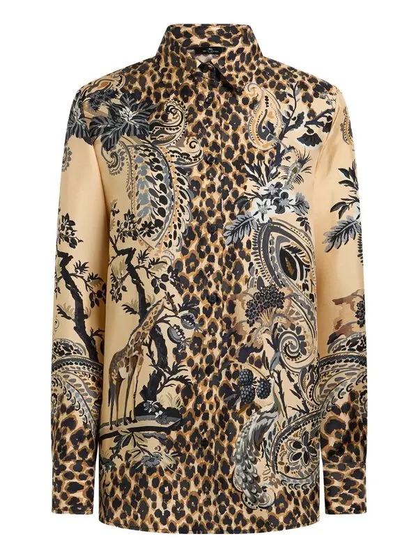 Etro Silk Shirt With Placed Leopard And Floral Print - Multicolor