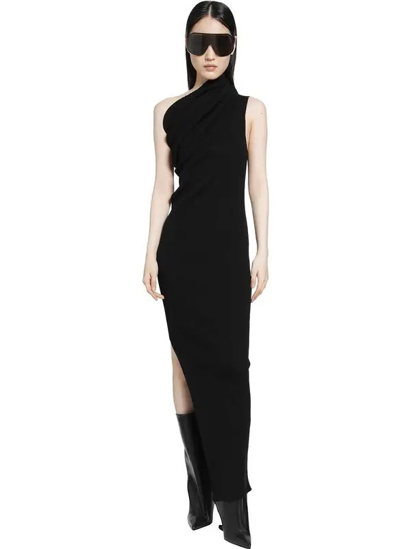 Rick Owens Viscose Rib-knit Asymmetrical Neck Sleeveless Maxi Dress With Side Slit - Black