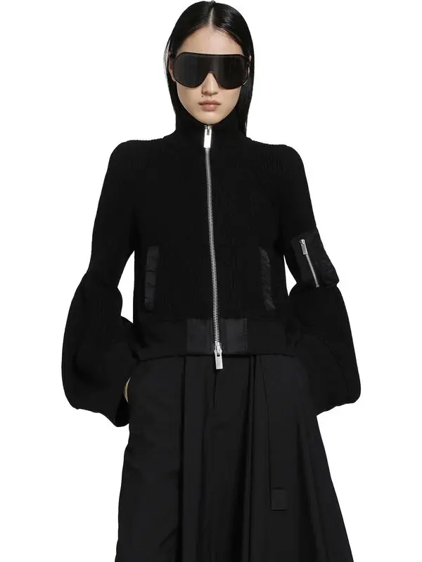 Sacai Leather X Wool Melton Zip-up Jacket - Black
