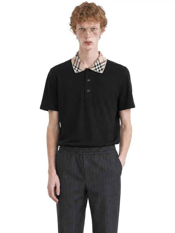 Burberry Check Collar Cotton Polo Shirt - Black