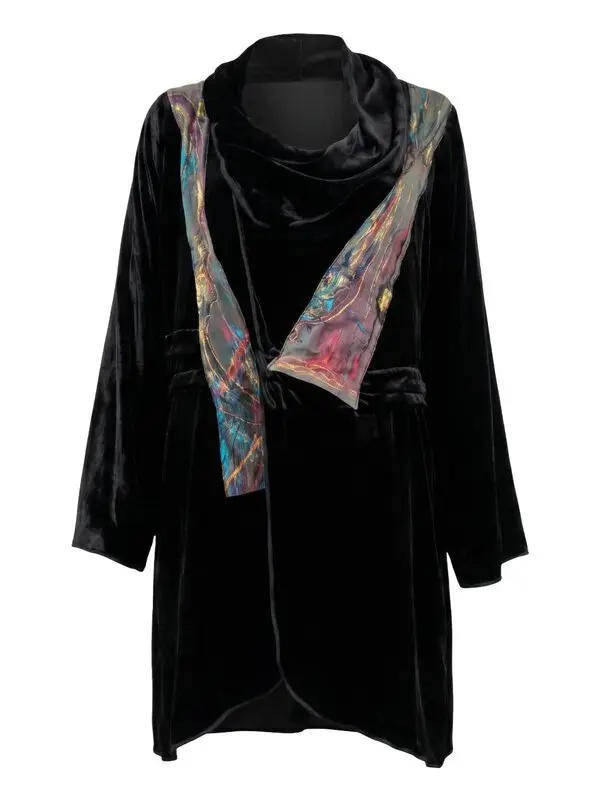 SANIYA KHAN Asymmetrical Panne Velvet Duster With Painted Chiffon Appliques - Black