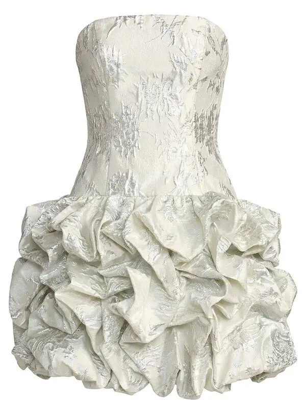 Mac Duggal Strapless Brocade Mini Dress With Ruched Bubble Hem - White