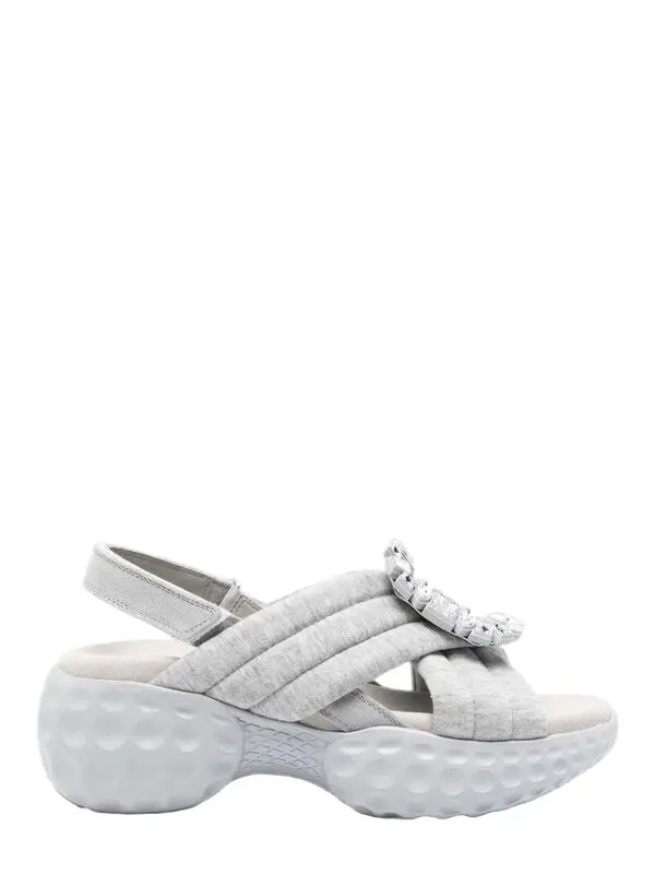 ROGER VIVIER Grey Jersey Quilted Crystal Buckle Platform Sandals - Multicolor