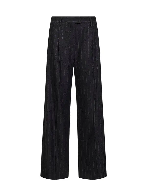 Brunello Cucinelli Sequin Pinstriped Wool Blend Loose Pleated Trousers - Multicolor