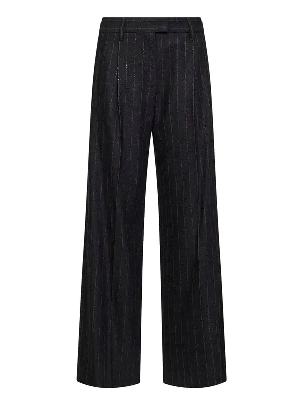 Brunello Cucinelli Sequin Pinstriped Wool Blend Loose Pleated Trousers - Multicolor