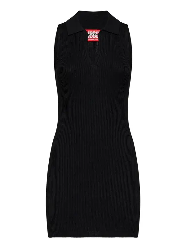 DIESEL® Black Ribbed Knit Sleeveless Mini Dress With Oval D Hook Closure - Multicolor