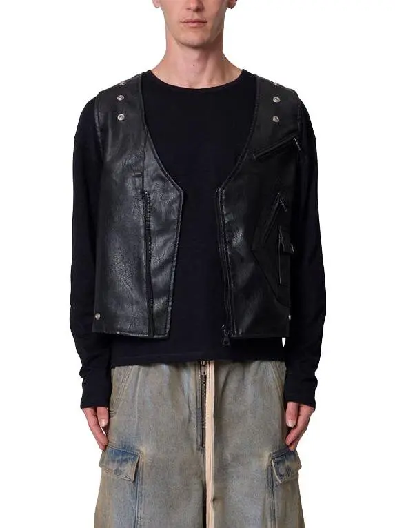Mnml Faux Leather Zipper Vest - Black