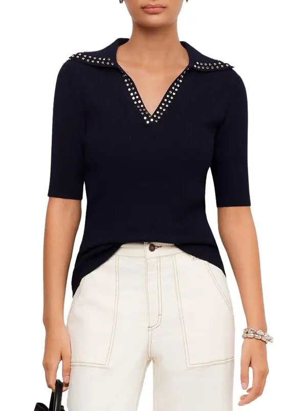 Fifteen Twenty Eleanor Studded Polo Sweater - Navy