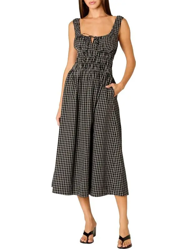 NIA Salt Midi Dress With Keyhole Neck And Smocked Bodice - Black