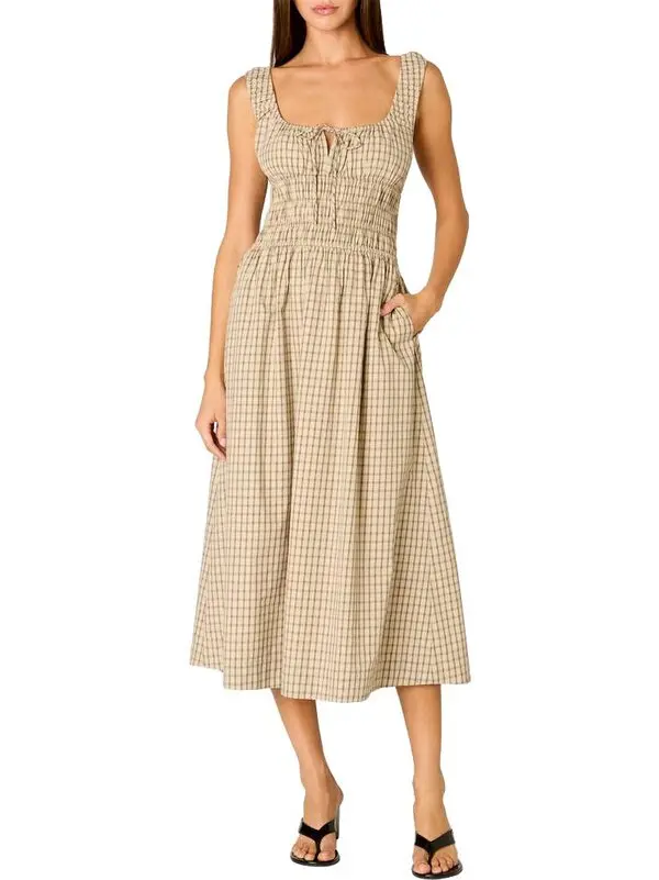 NIA Salt Midi Dress With Keyhole Neck And Smocked Bodice - Sand