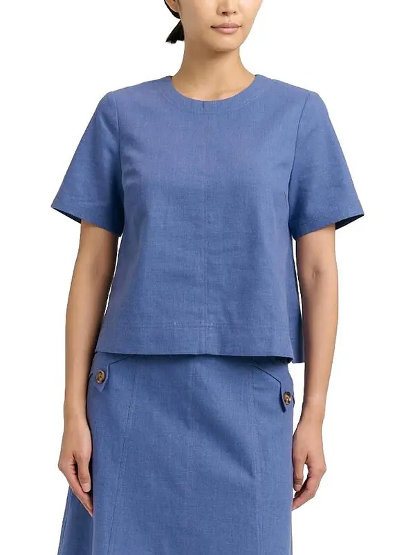 CARTOLINA Short Sleeve Linen Blend Top - Coastal Indigo