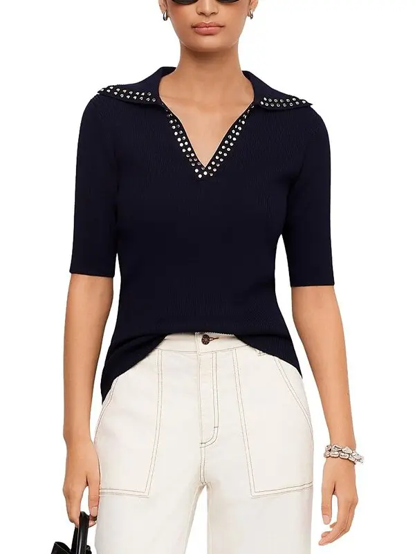 Fifteen Twenty Eleanor Embellished Polo Sweater - Navy