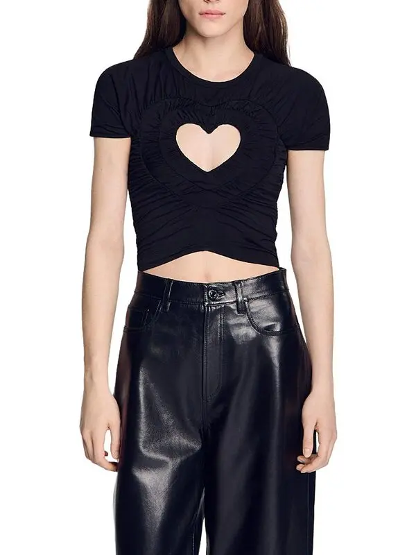 Sandro Ruched Heart Cropped T-shirt - Black