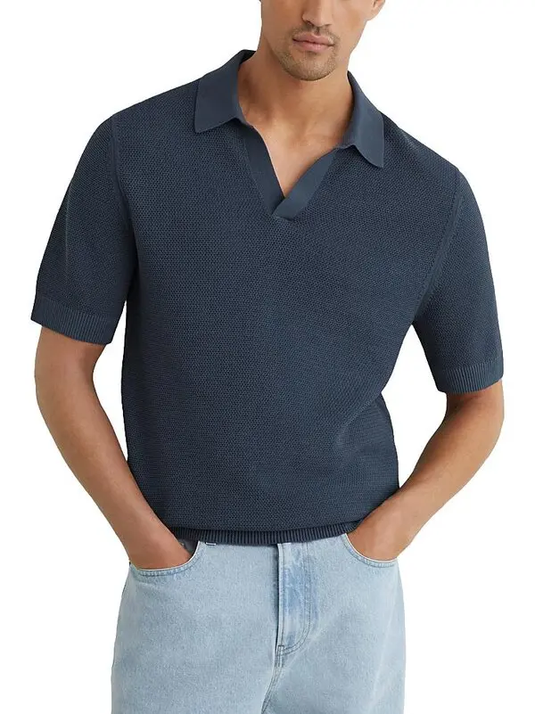 REISS Leon Basket Stitch Polo Shirt - Steel Blue