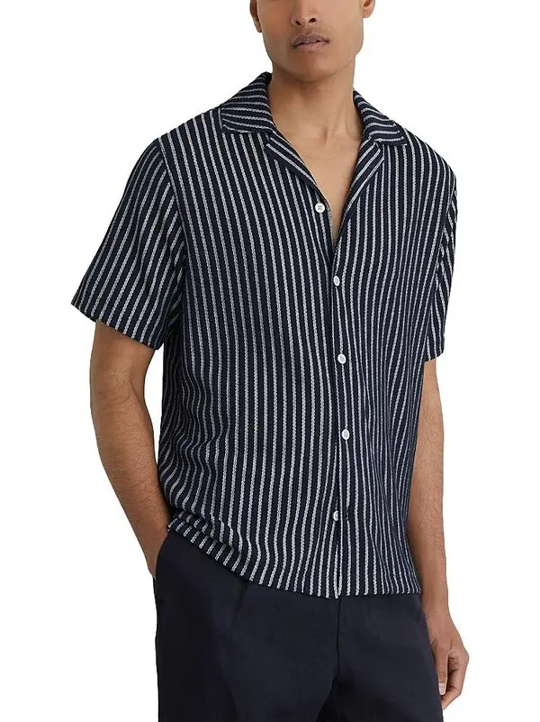 REISS Griff Textured Stripe Short Sleeve Shirt - Navy White