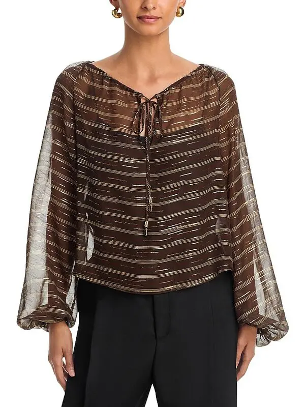 FRAME Balloon Blouse With Metallic Stripes And Tie Neck - Oakwood Multi