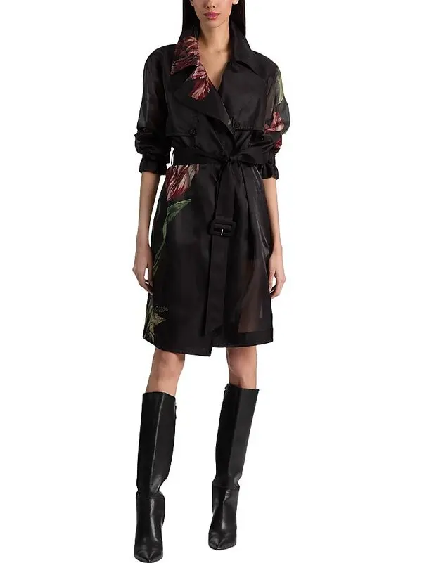 Alice + Olivia Sheer Floral Print Trench Coat - Soft Tulip Black