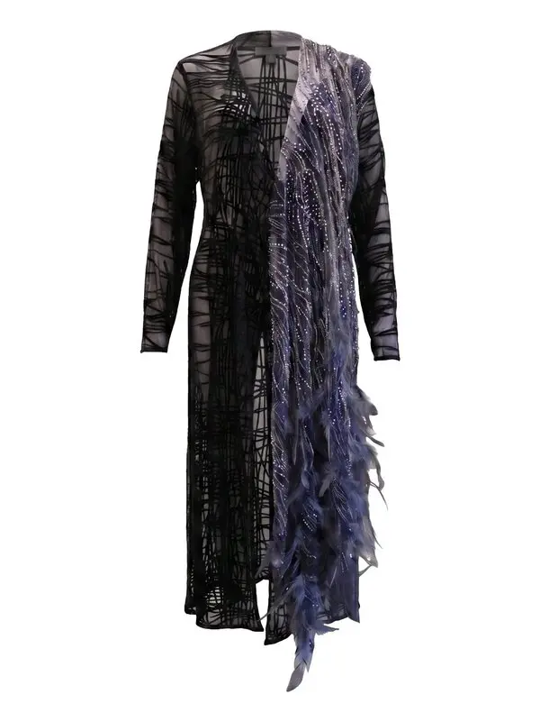 SANIYA KHAN Mesh Jacket With Beaded Lace And Feather Detail - Black/blue