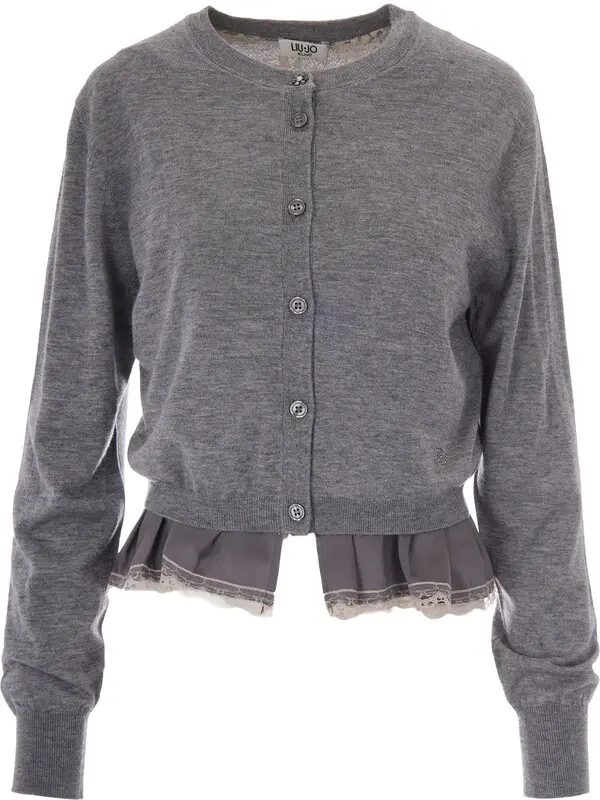 Liu Jo Cropped Button-front Cardigan With Lace Trim - Grigio Md.melange