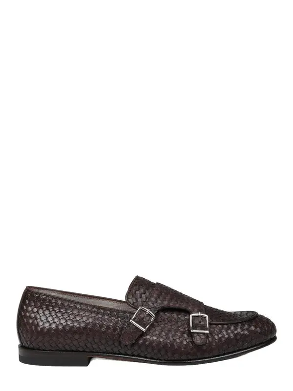 MILLE885 Woven Leather Double Monk Strap Loafers - Dark Brown