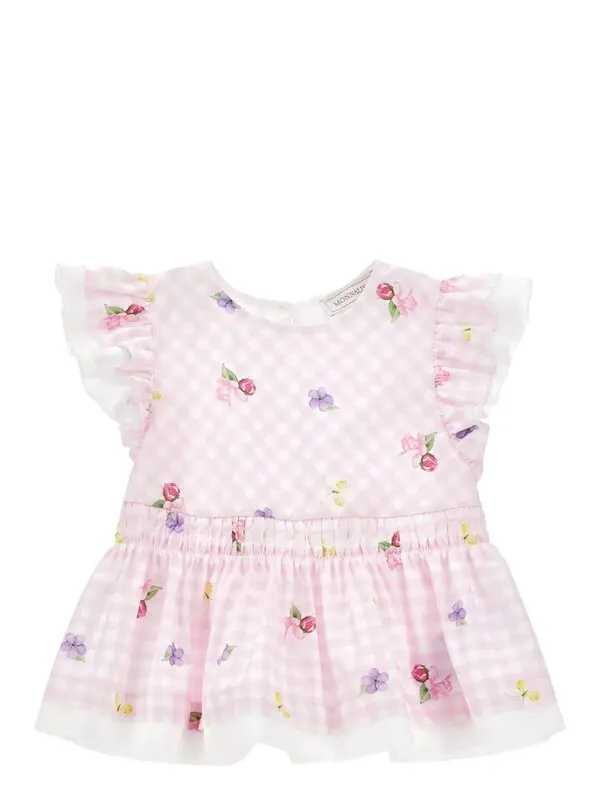 Monnalisa Gingham-check Floral Print Top With Ruffled Sleeves - Multicolor