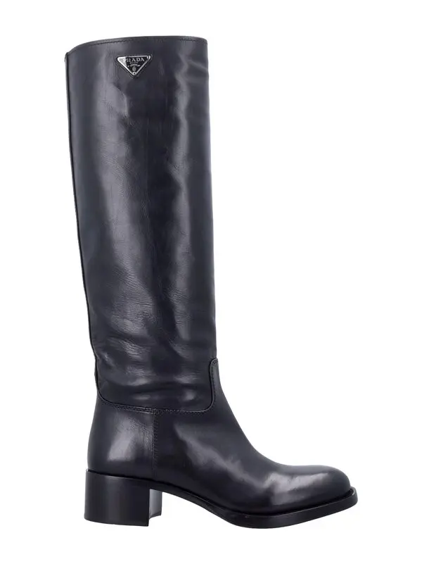 Prada Leather Tall Riding Boots With Enameled Triangle Logo And Block Heel - Nero