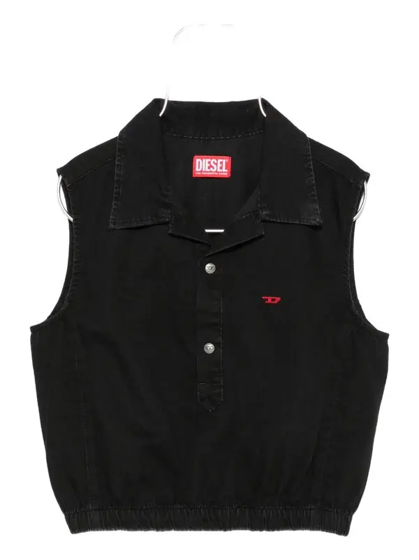 DIESEL® Cotton Shirt Collar Button-up Top With Logo Embroidery - Nero