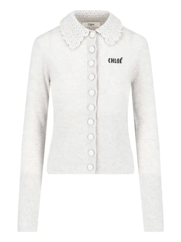 Chloé Wool Cardigan With Lace Collar - Grey